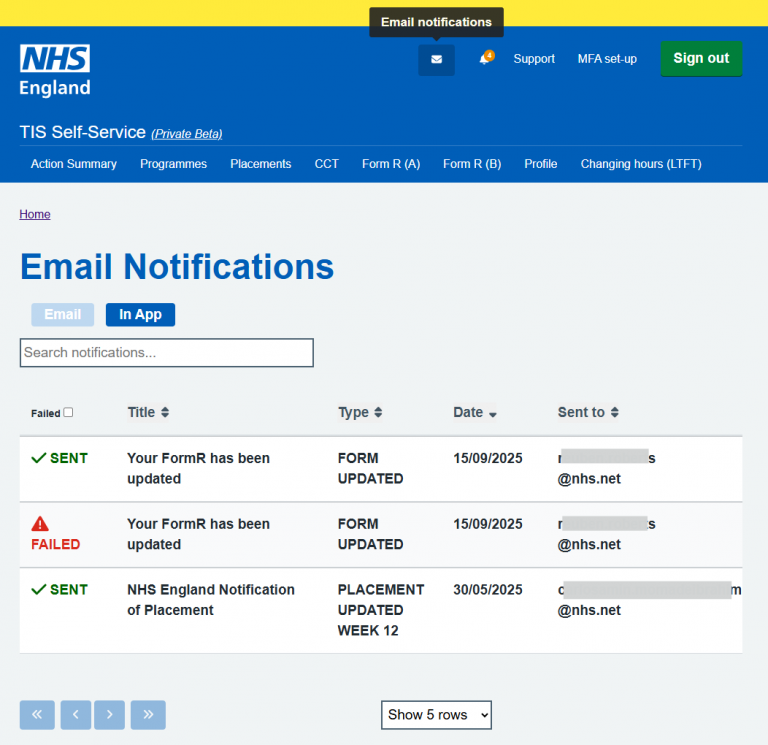 Email Notifications View on TSS - Trainee Information System Support